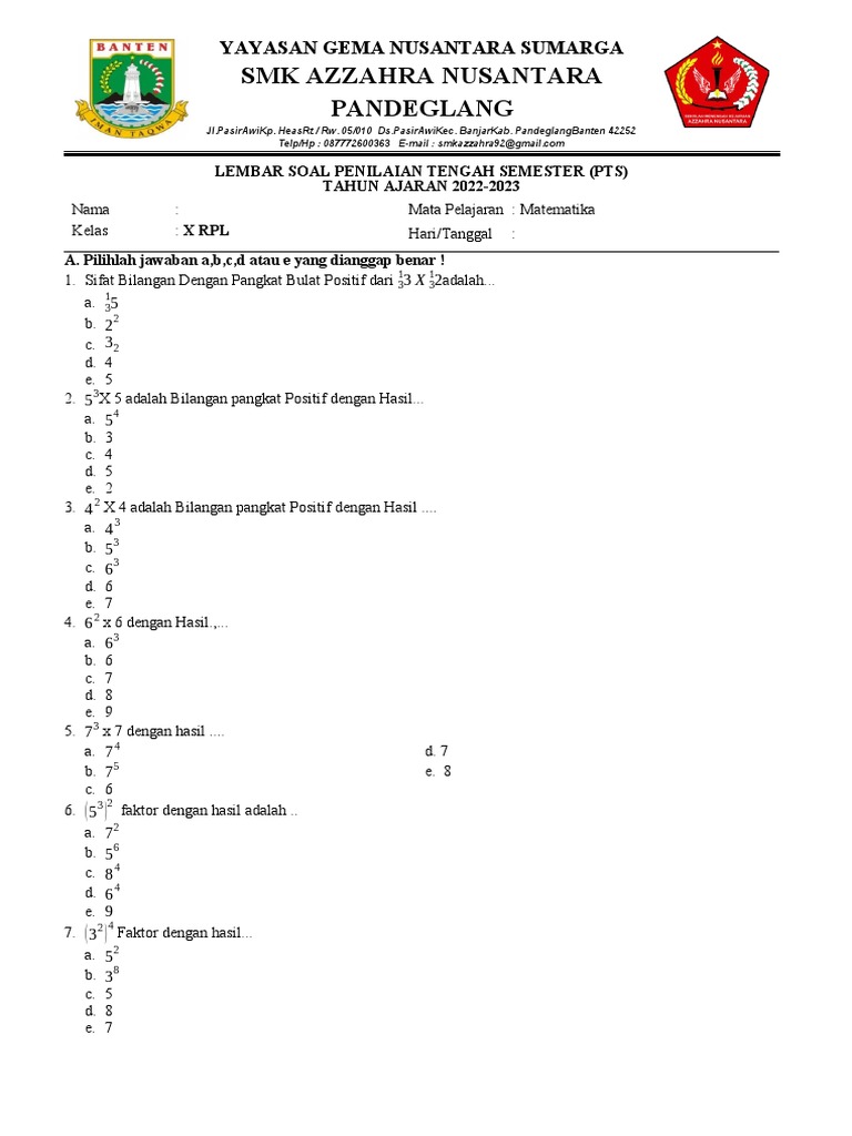 SOAL PTS Matematika PTS 2023 (1) .kls1 | PDF