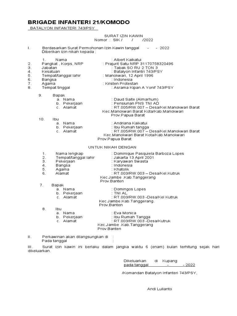 Surat Izin Kawin TNI AD | PDF