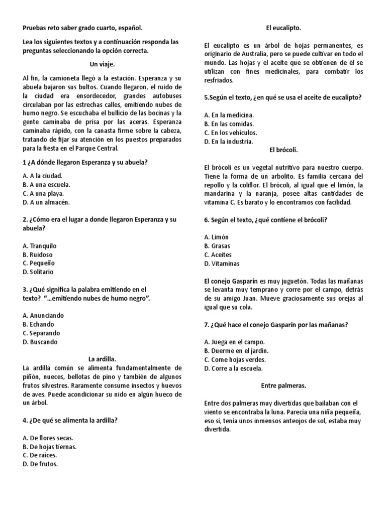 Pruebas Reto Saber Grado Cuarto ESPAÑOL | PDF | Brócoli