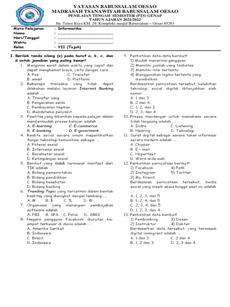 Soal Pts Genap Informatika Kelas 7 | PDF