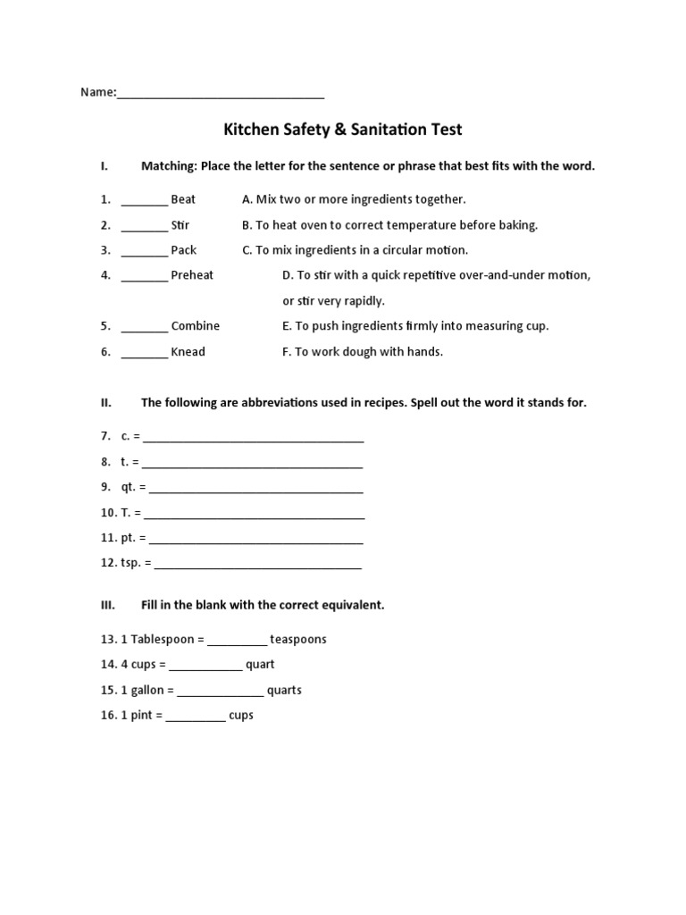 Kitchen Safety & Sanitation Test Option | PDF | Teaspoon | Cooking