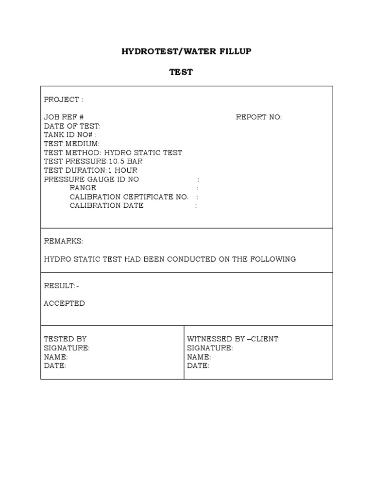Hydrotest/Water Fillup Test | PDF