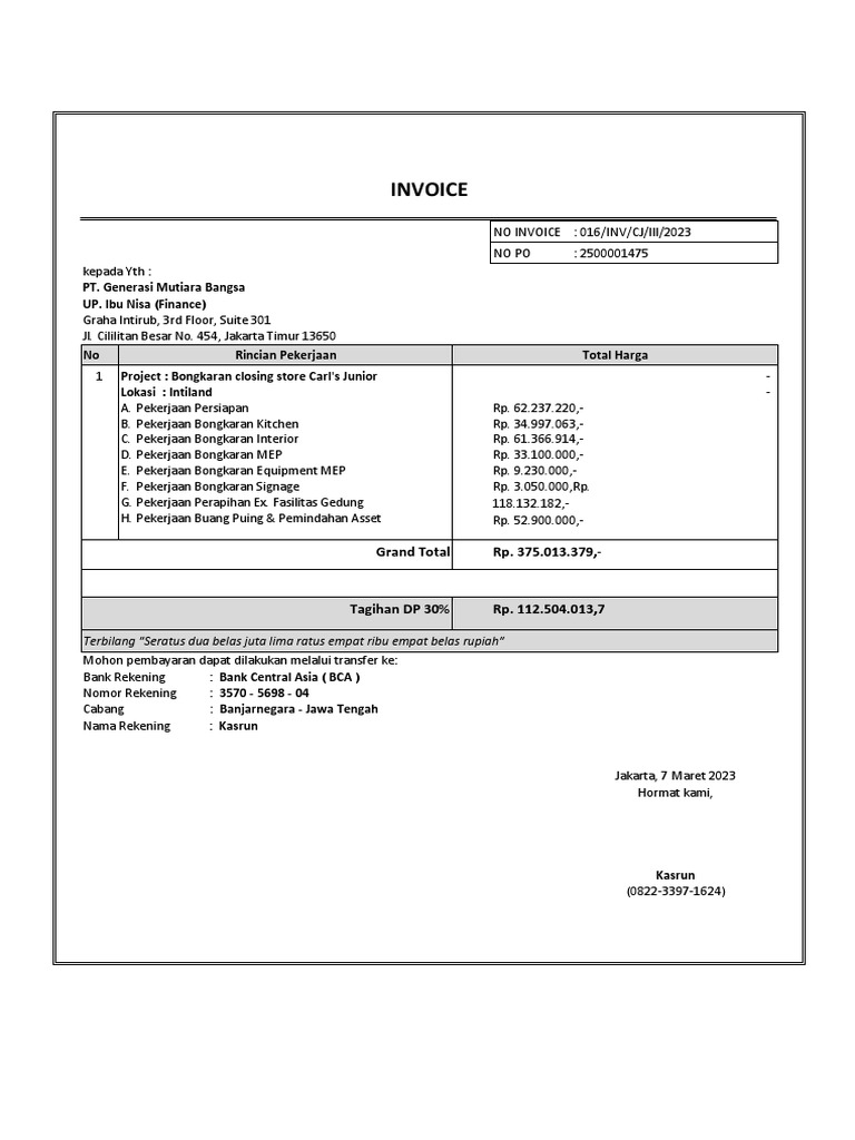 Invoice Proyek Bongkaran Carl's Jr. | PDF