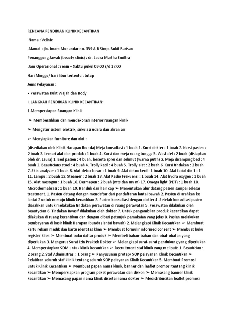 Rencana Pendirian Klinik Kecantikan | PDF