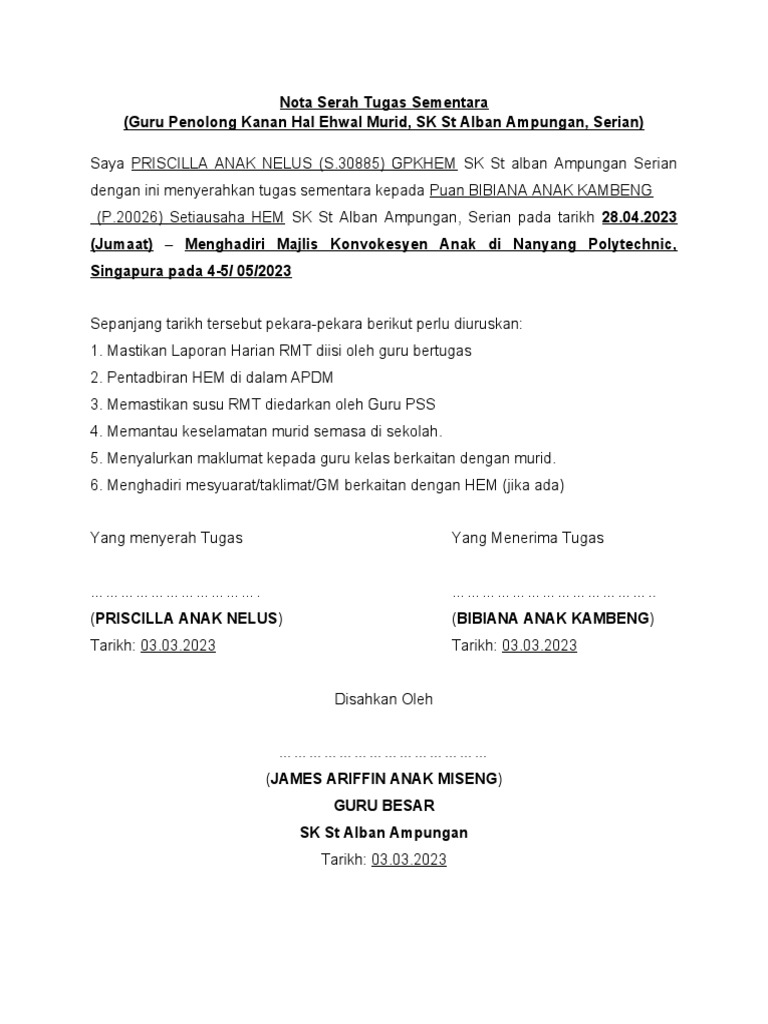 Nota Serah Tugas Sementara | PDF