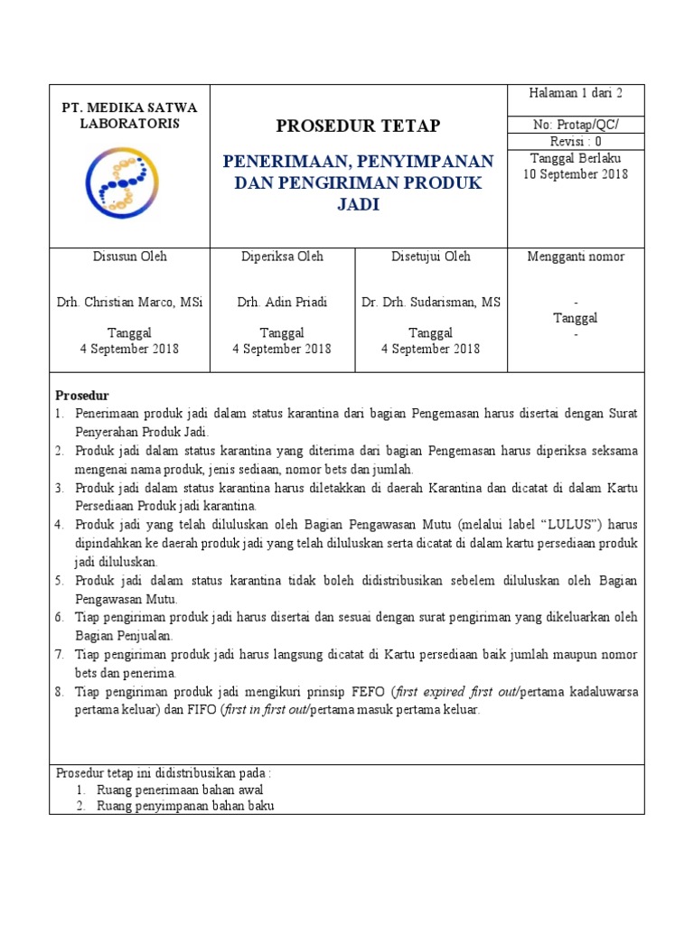 SOP Penerimaan, Penyimpanan Dan Pengiriman Produk Jadi | PDF