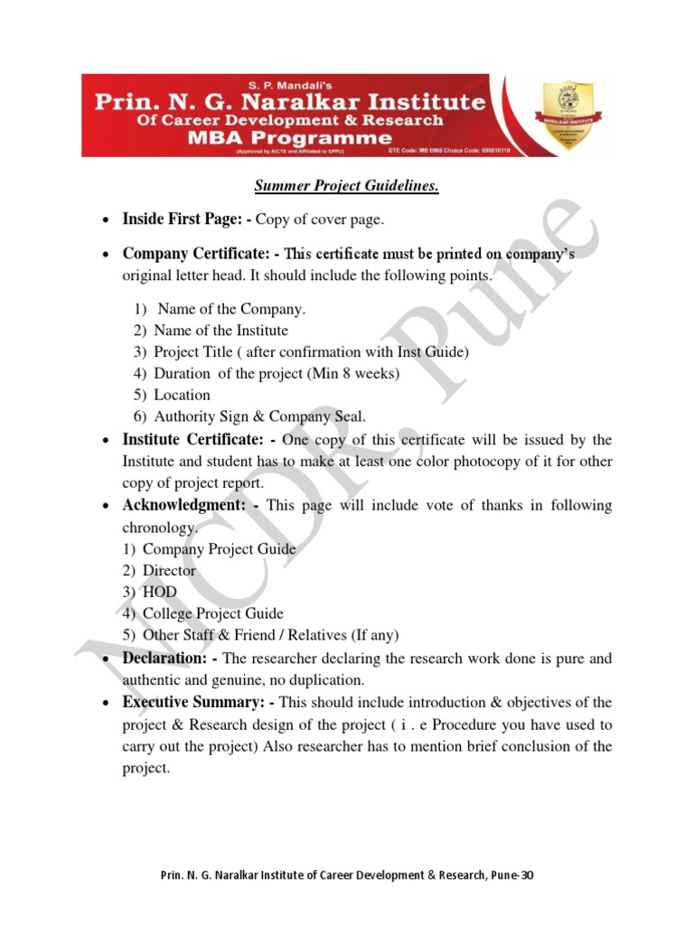 Summer Project Guidelines.: Prin. N. G. Naralkar Institute of Career Development & Research ...