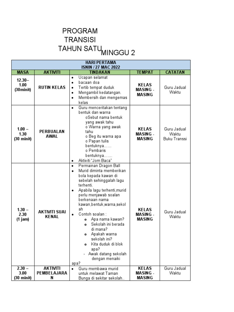 JADUAL TRANSISI 2023-2024 Minggu 2 Isnin Saja | PDF