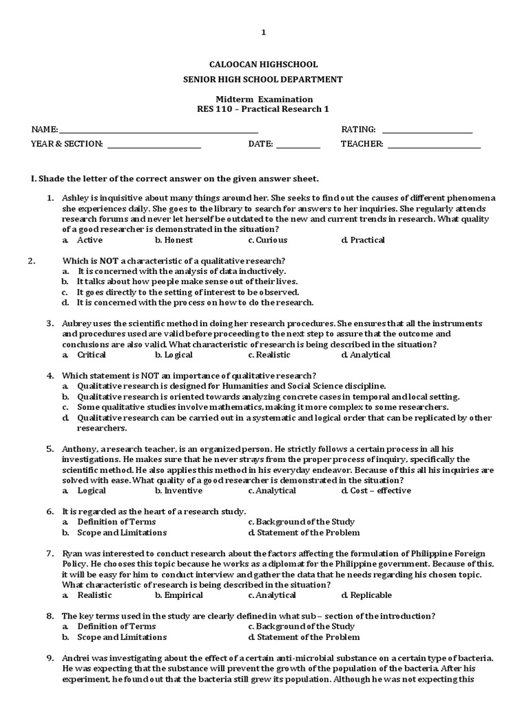 Exam in PR1 | PDF | Qualitative Research | Methodology