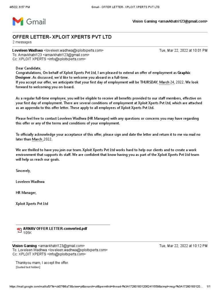 Offer Letter - Xploit Xperts PVT LTD | PDF