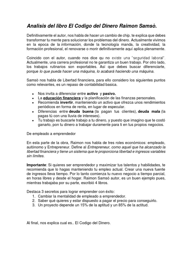 Analisis Del Libro El Codigo Del Dinero Raimon Samsò | PDF | Iniciativa ...