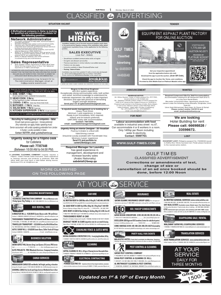 Gulf Times Classified Ads March 2023 | PDF | Car Rental | Application ...