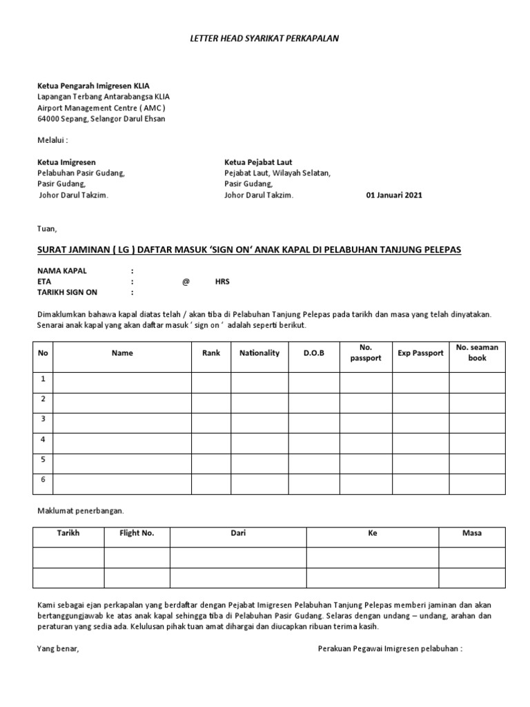 Surat Jaminan Sign On KLIA | PDF