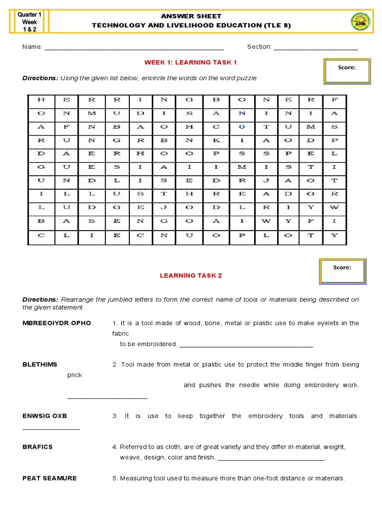 G8 Week 1-2 Answer Sheet | PDF | Embroidery | Crafts