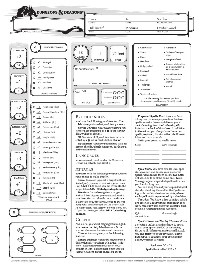 Hill Dwarf Cleric 1 Complete | PDF | Dungeons & Dragons | Gary Gygax Games