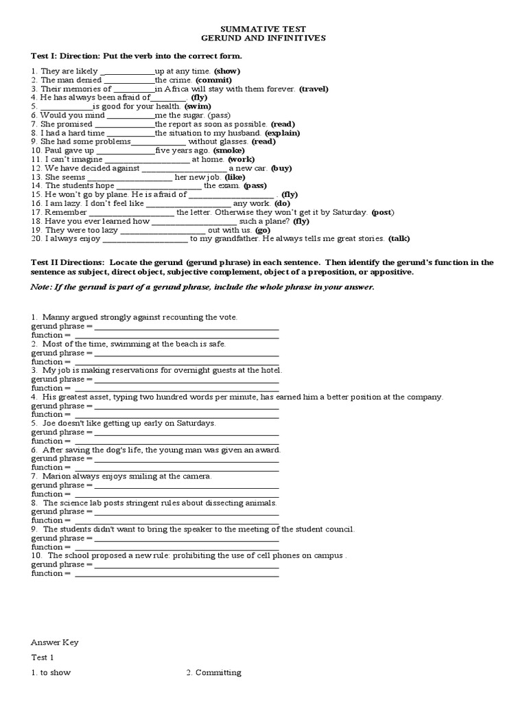 Gerund and Infinitive Test Guide | PDF | Preposition And Postposition ...