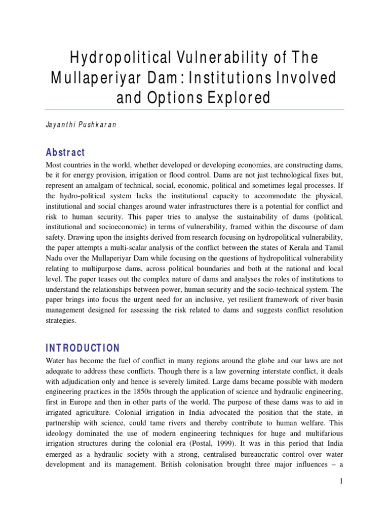 Hydropolitical Vulnerability of The Mullaperiyar Dam: Institutions ...