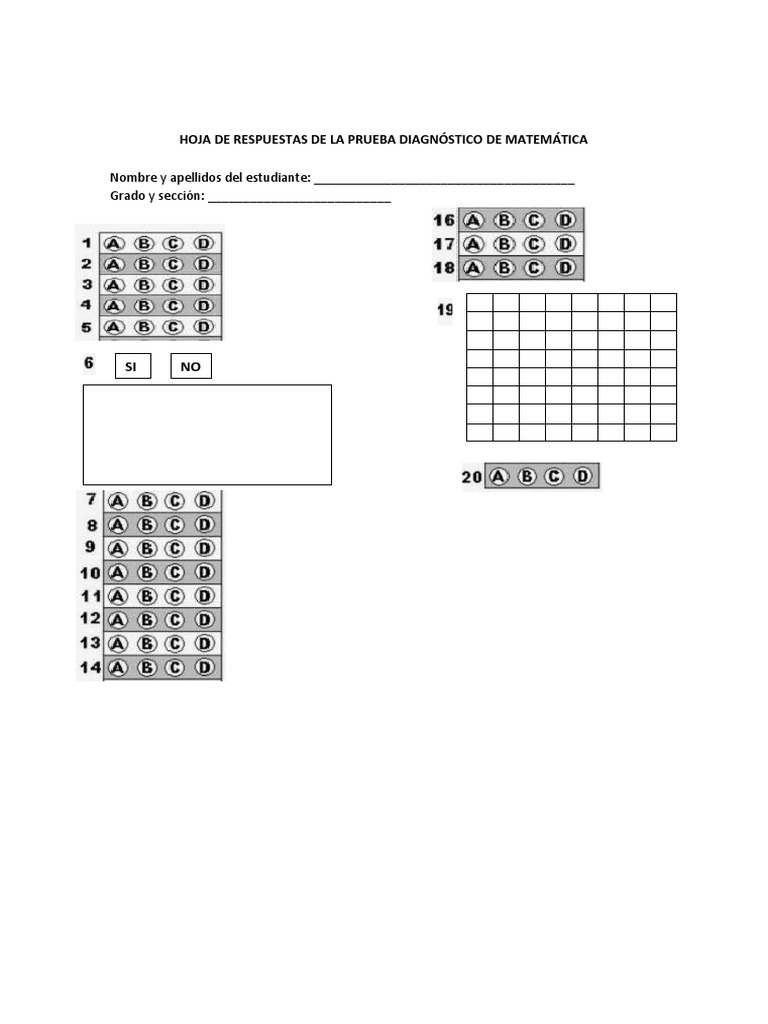 Hoja de Respuestas de La Prueba Diagnóstico de Matemática | PDF