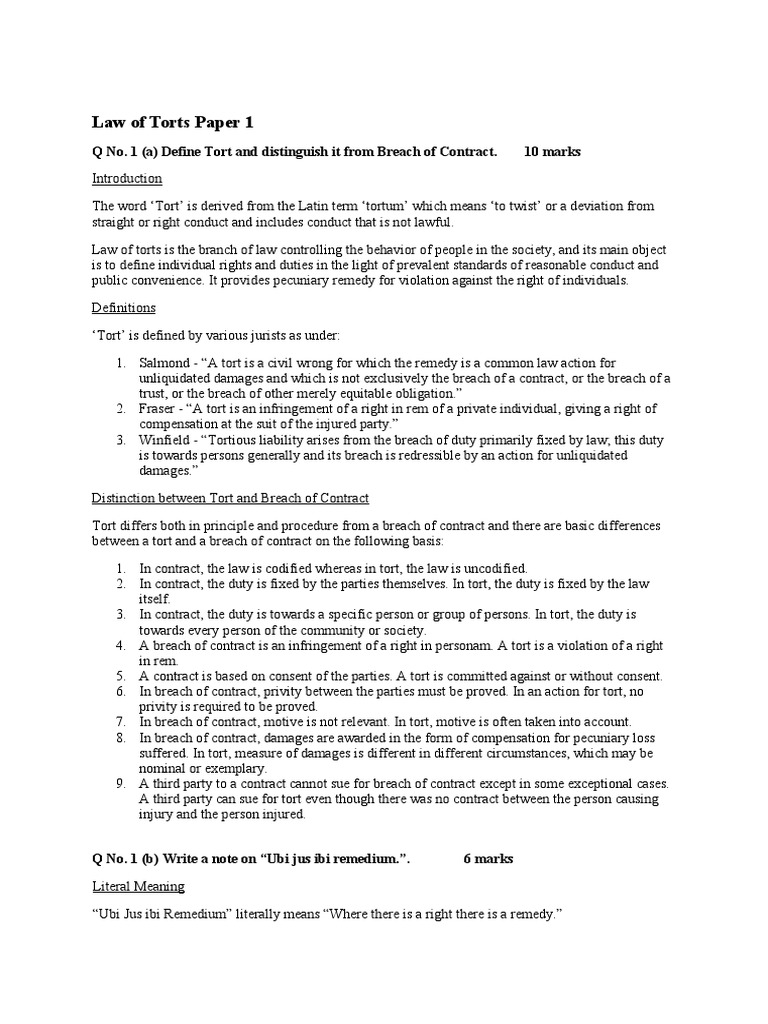 Law of Torts Paper 1 | PDF | Precedent | Tort