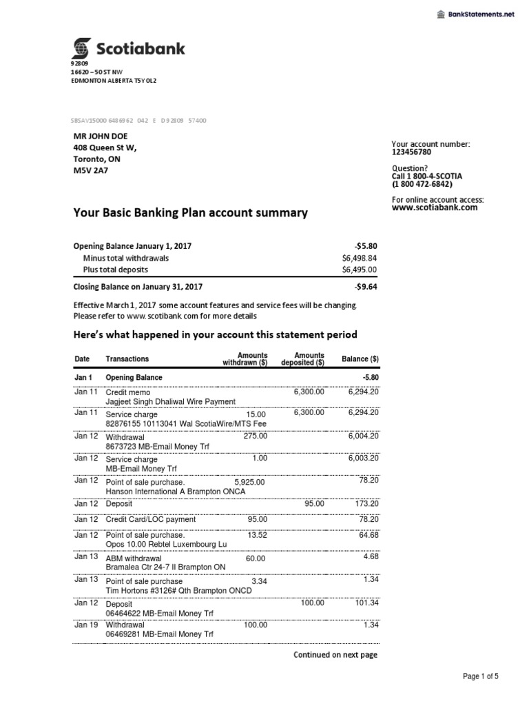 ScotiaBank account summary shows deposits and withdrawals | PDF | Fee | Credit Card