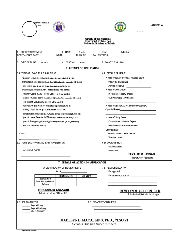 CS Form No. 6 Revised 2020 Application For Leave Secured | PDF ...