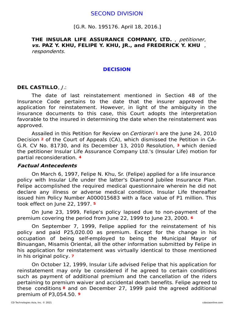 10 The Insular Life Assurance Company LTD V Pax Khu, Et Al, G R | PDF ...