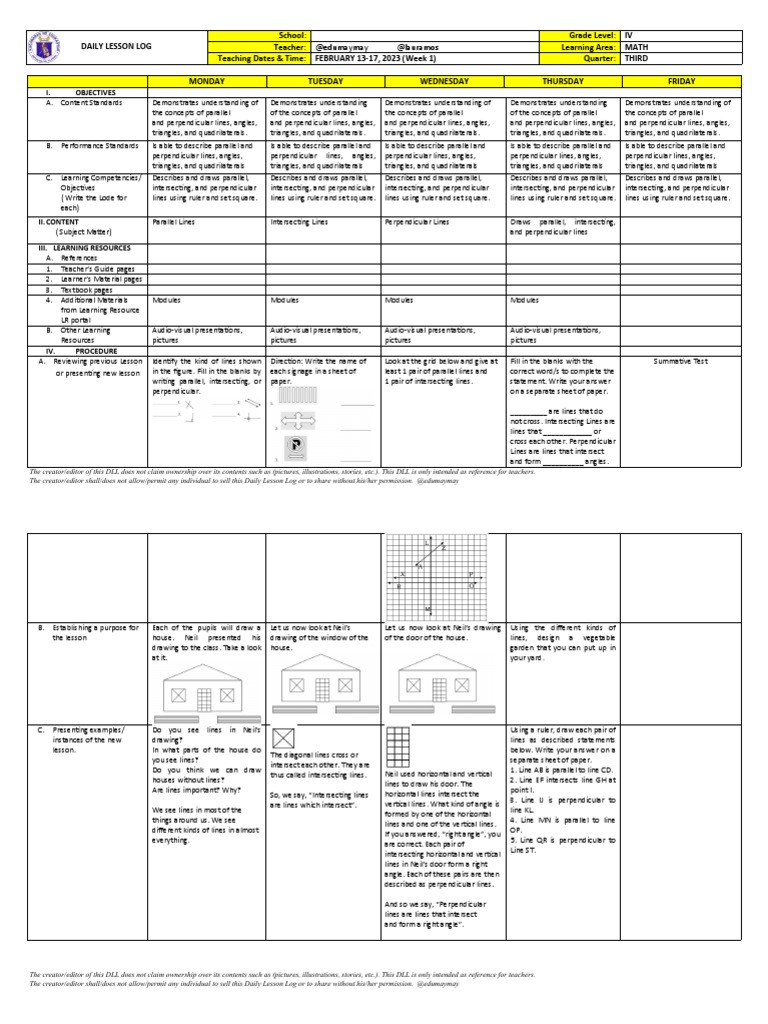 DLL - MATH 4 - Q3 - WEEK 1 Describes and Draws Parallel Intersectingedumaymay Lauramos | PDF ...