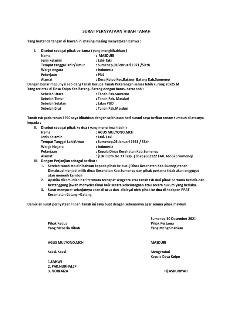 Surat Pernyataan Hibah Tanah Sumenep | PDF