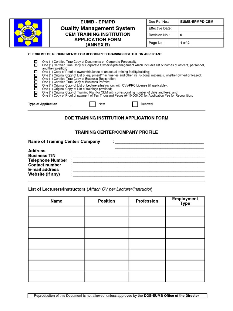 CEM Annex B Training Institution Application Form | PDF | Business