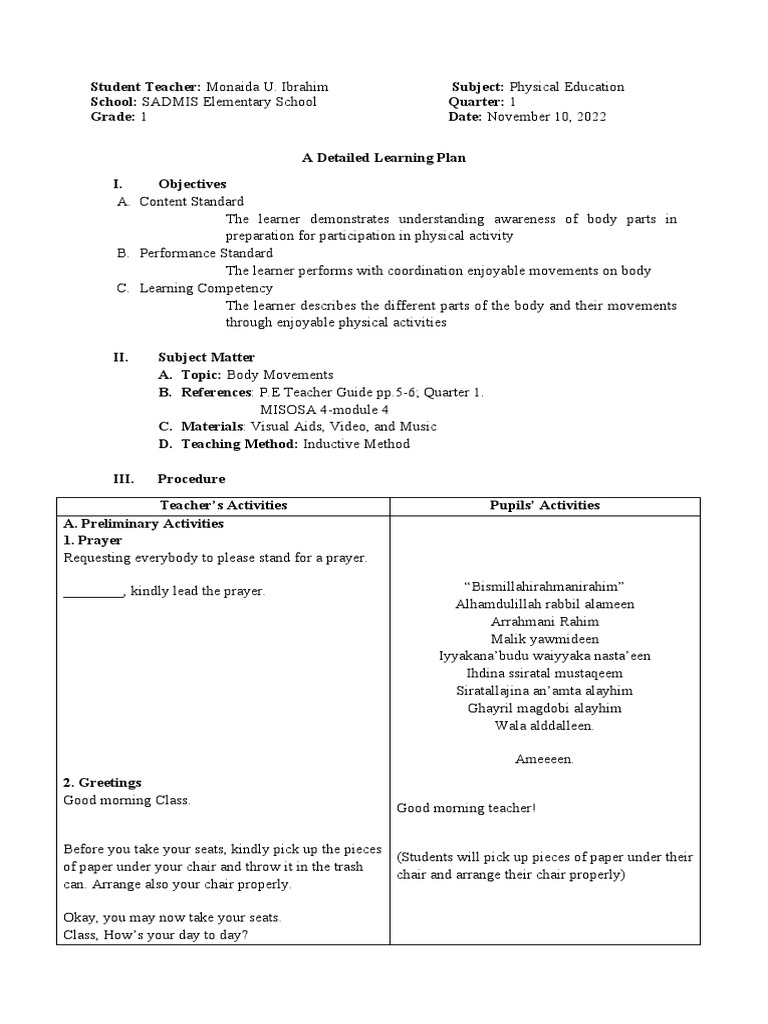 Grade 1 Physical Education Plan: Body Movements | PDF | Teachers | Learning