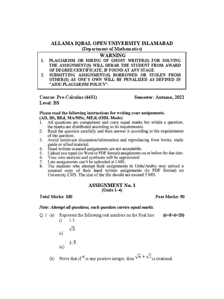 AIOU Pre-Calculus Assignment Covers Functions Limits Integrals | PDF | Function (Mathematics ...