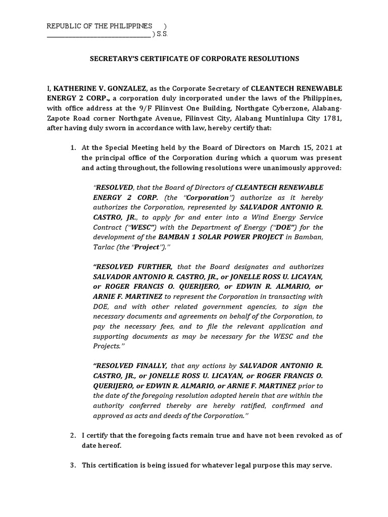 Secretary'S Certificate of Corporate Resolutions | Download Free PDF | Justice | Crime & Violence
