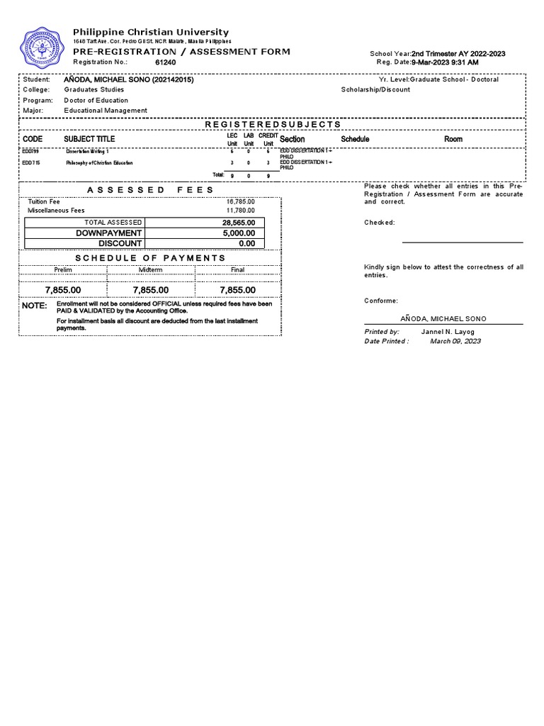 PCU Graduate Pre-Registration Form | PDF
