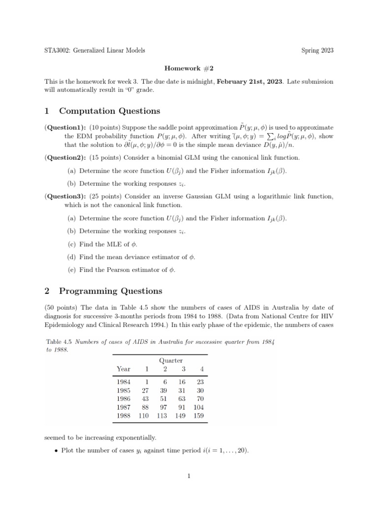 1 Computation Questions: STA3002: Generalized Linear Models Spring 2023 | PDF | Statistical ...