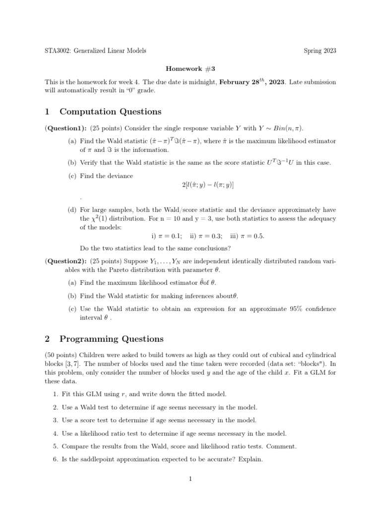 1 Computation Questions: STA3002: Generalized Linear Models Spring 2023 | PDF | Confidence ...