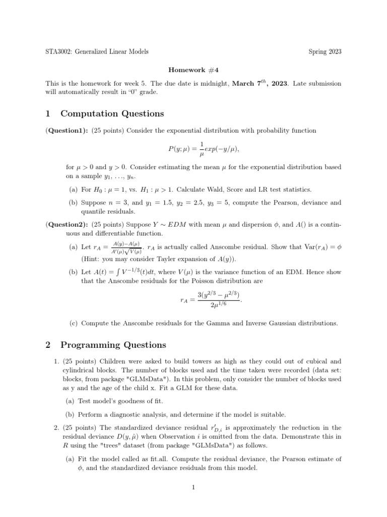 1 Computation Questions: STA3002: Generalized Linear Models Spring 2023 | PDF | Errors And ...