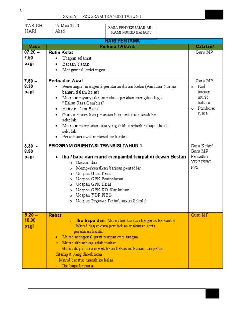 JADUAL MINGGU TRANSISI TAHUN 1 20223 SKBB5 TERKINI | PDF