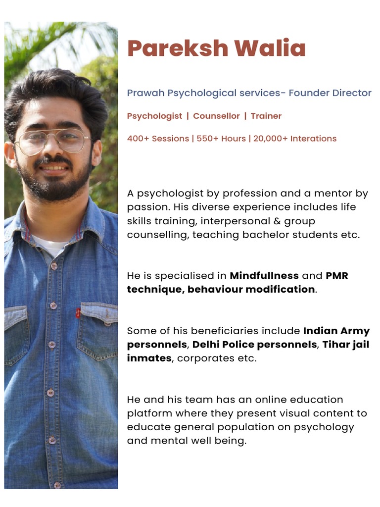 Pareksh Walia: Prawah Psychological Services-Founder Director | PDF ...