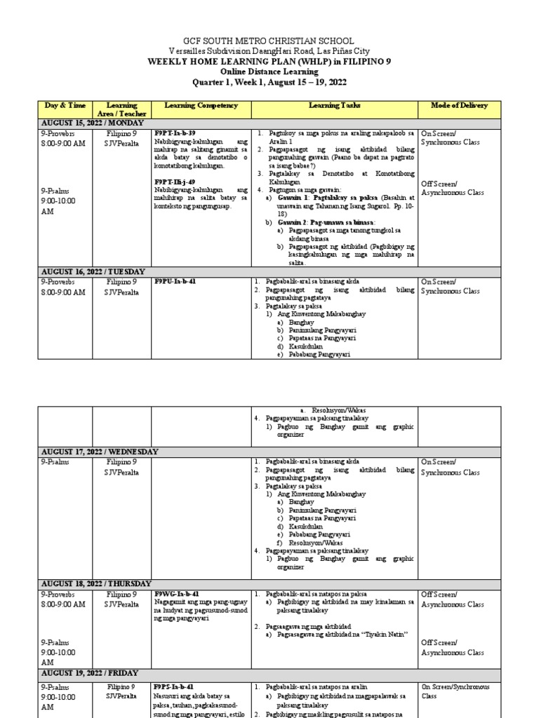Weekly Home Lesson Plan For Grade 9 | PDF