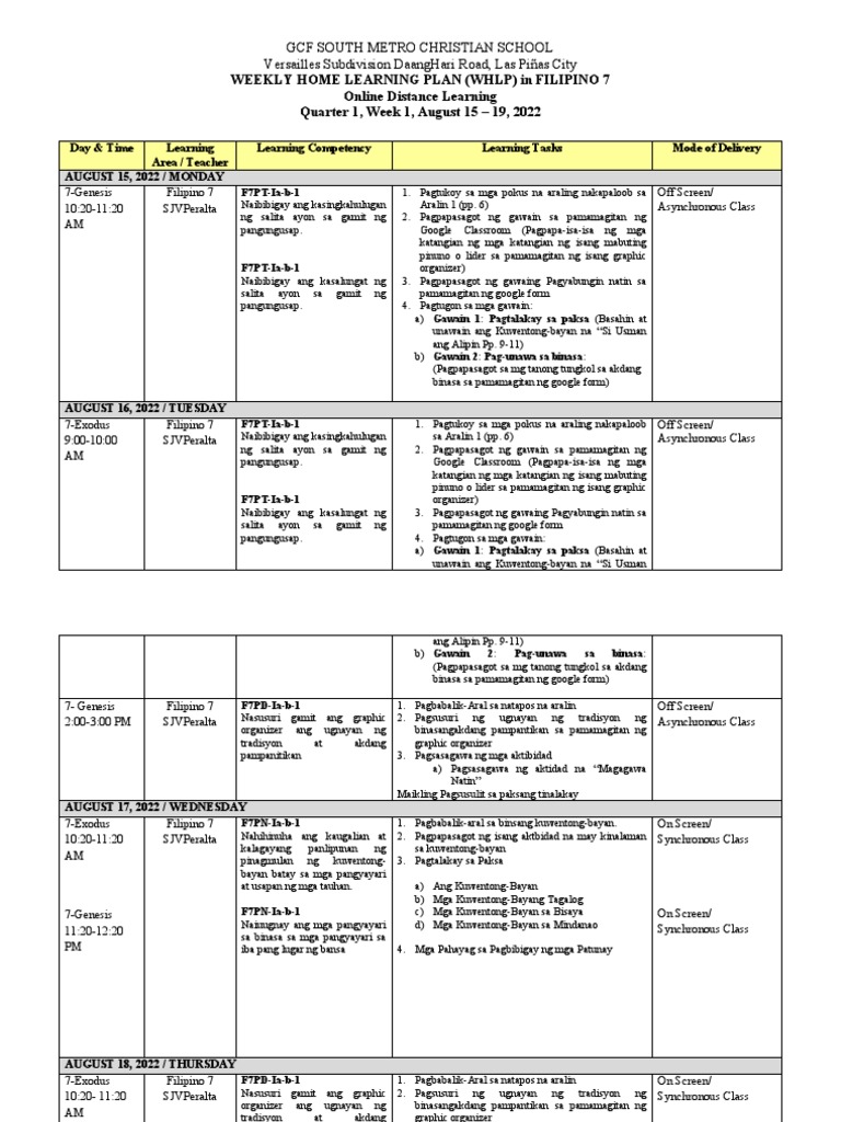 Weekly Home Learning Plan For Grade 7 | PDF