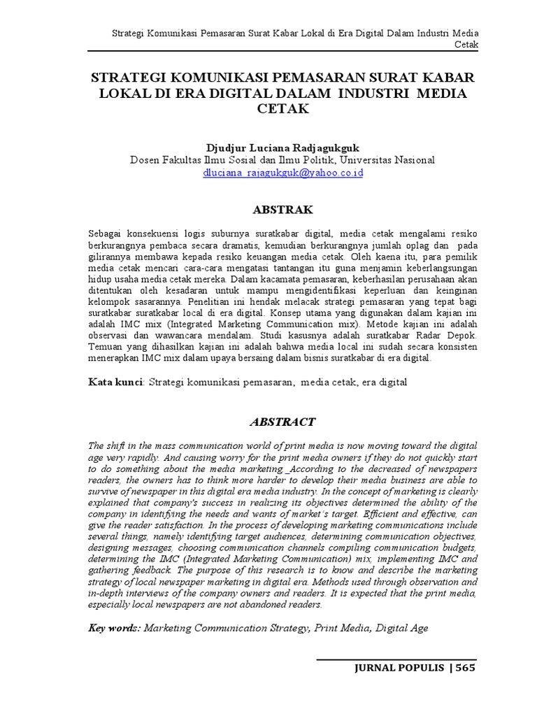 Jurnal Strategi Komunikasi Pemasaran Surat Kabar Lokal Di Era Digital ...