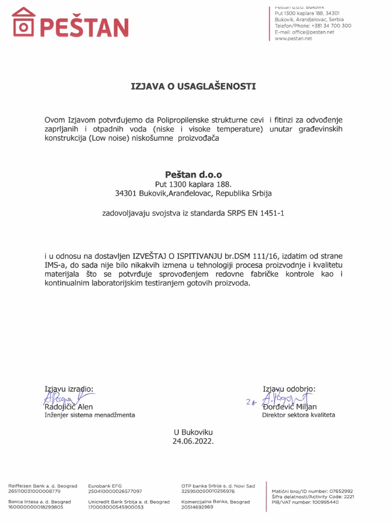 Prilog 2-Izjava o Usaglašenosti - S LINE Cevi I Fiting | PDF