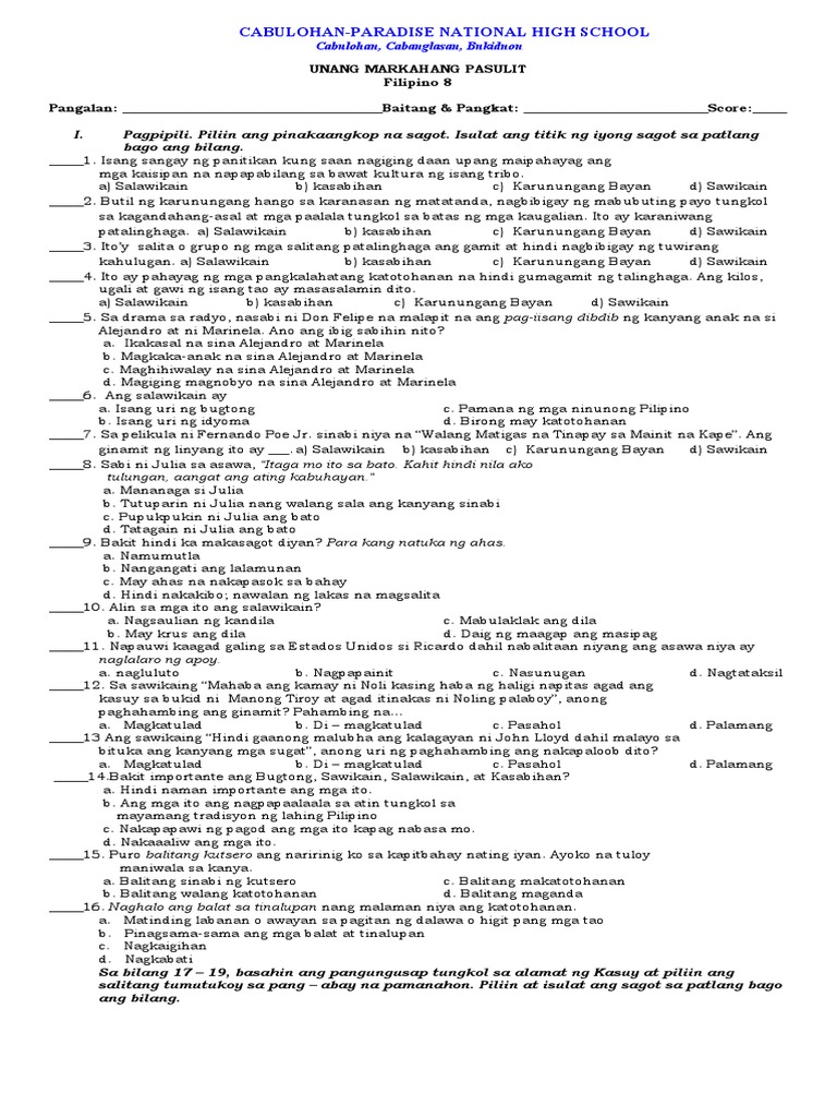 G8 Filipino 1st Grading | PDF