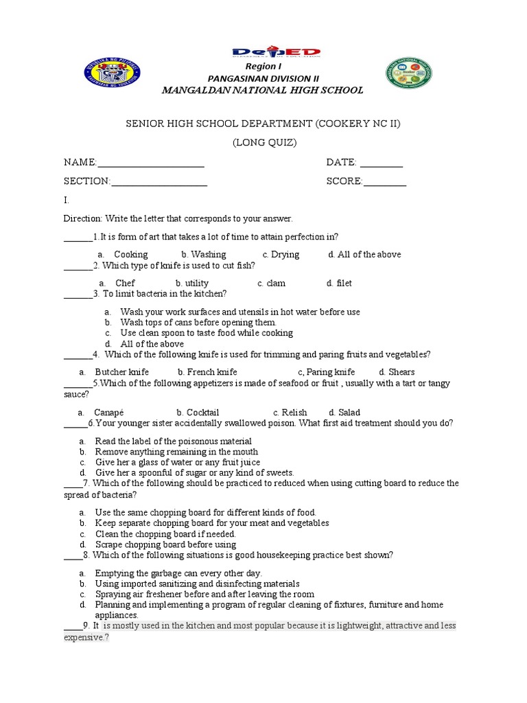 Cookery-Nc-Ii-Long-Quiz Grade 11 | PDF | Tableware | Cooking