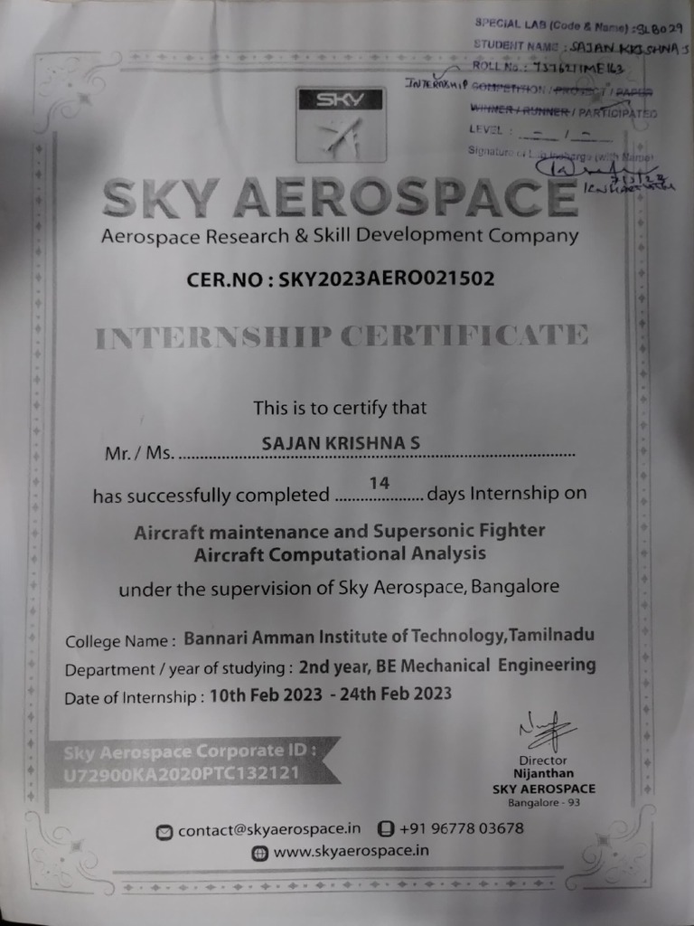 Sky Aerospace: Internship Certificate | PDF