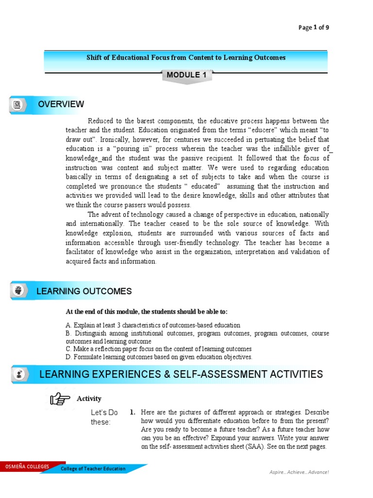 Learning Experiences & Self-Assessment Activities: at The End of This Module, The Students ...