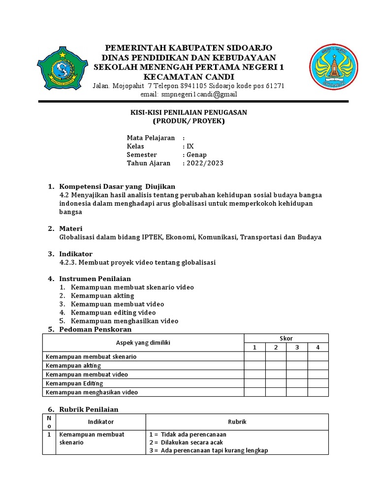 KISI-KISI UPRAK, PORTOFOLIO, PENUGASAN IPS - SMPN 1 Candi | PDF