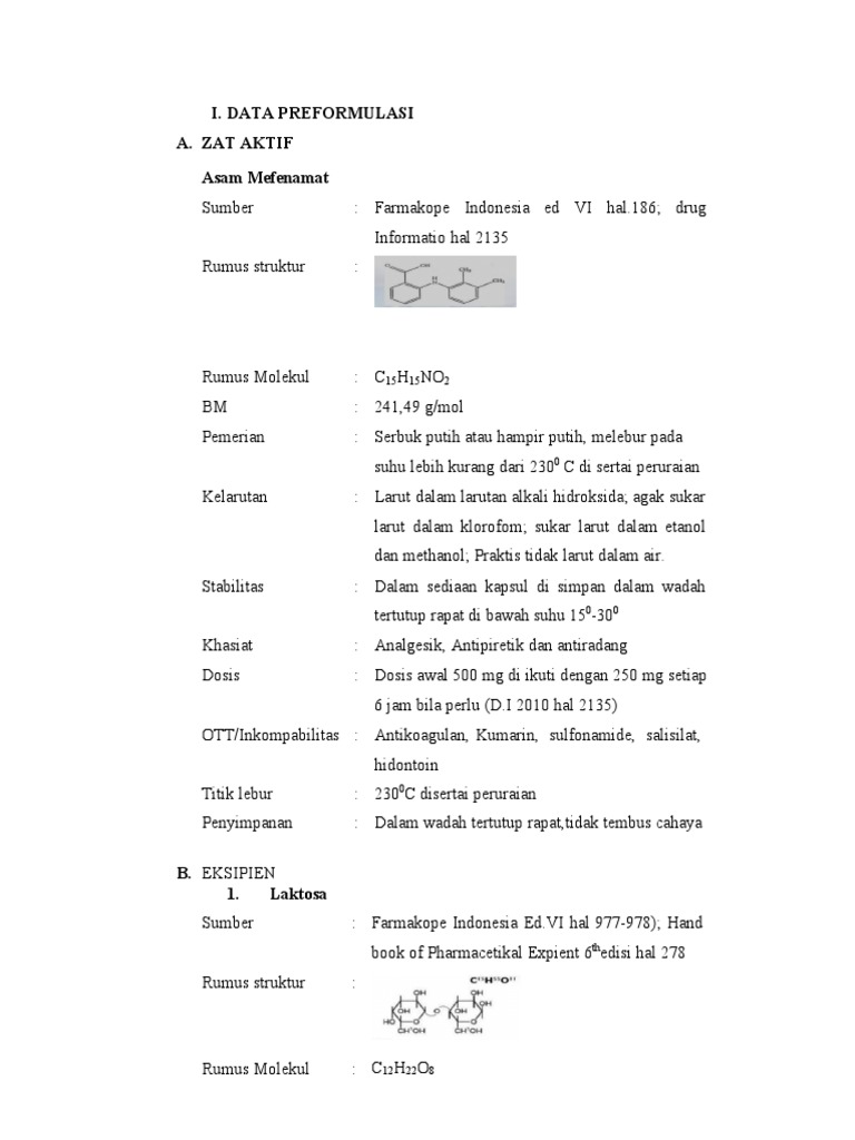 BAHAN DAN SIFAT ZAT AKTIF SERTA EKSIPIEN UNTUK SEDIAAN OBAT MEFENAMAT | PDF