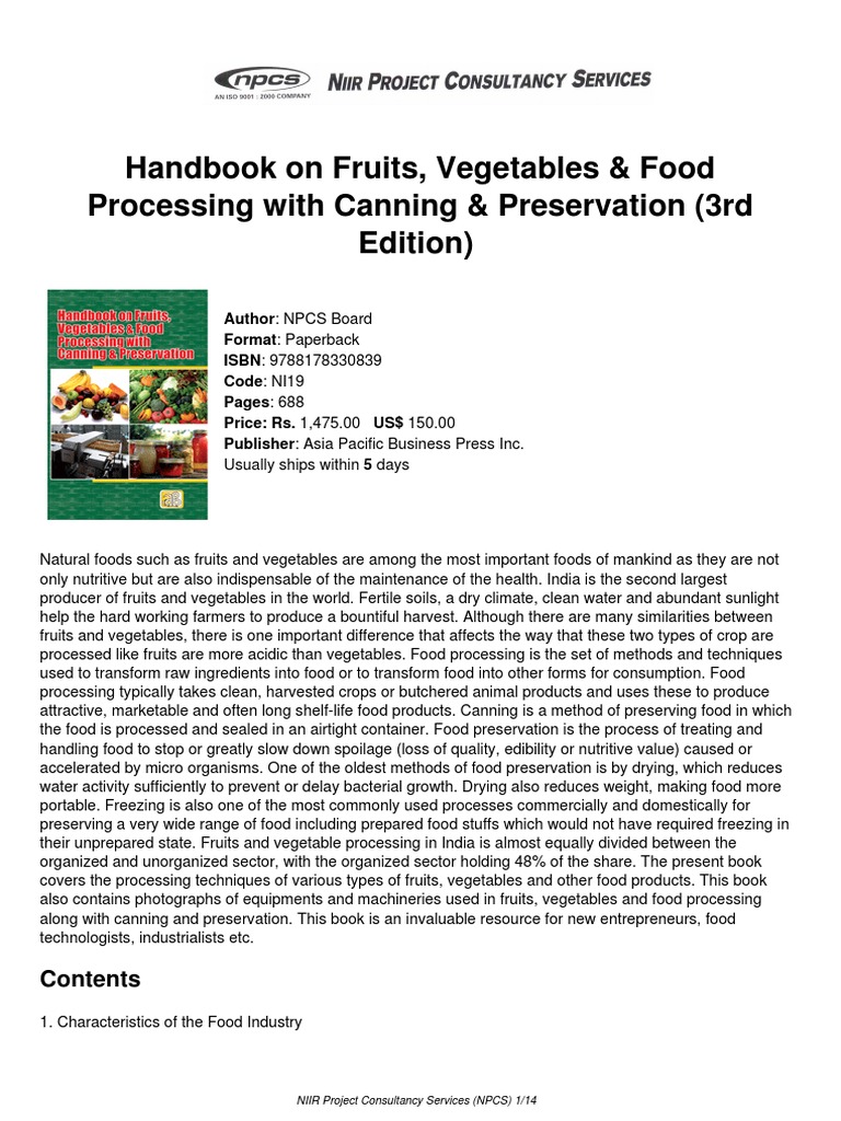 (NIIR) Hand Book On Fruits, Vegetables & Food Processing With Canning and Preservation 2nd ...