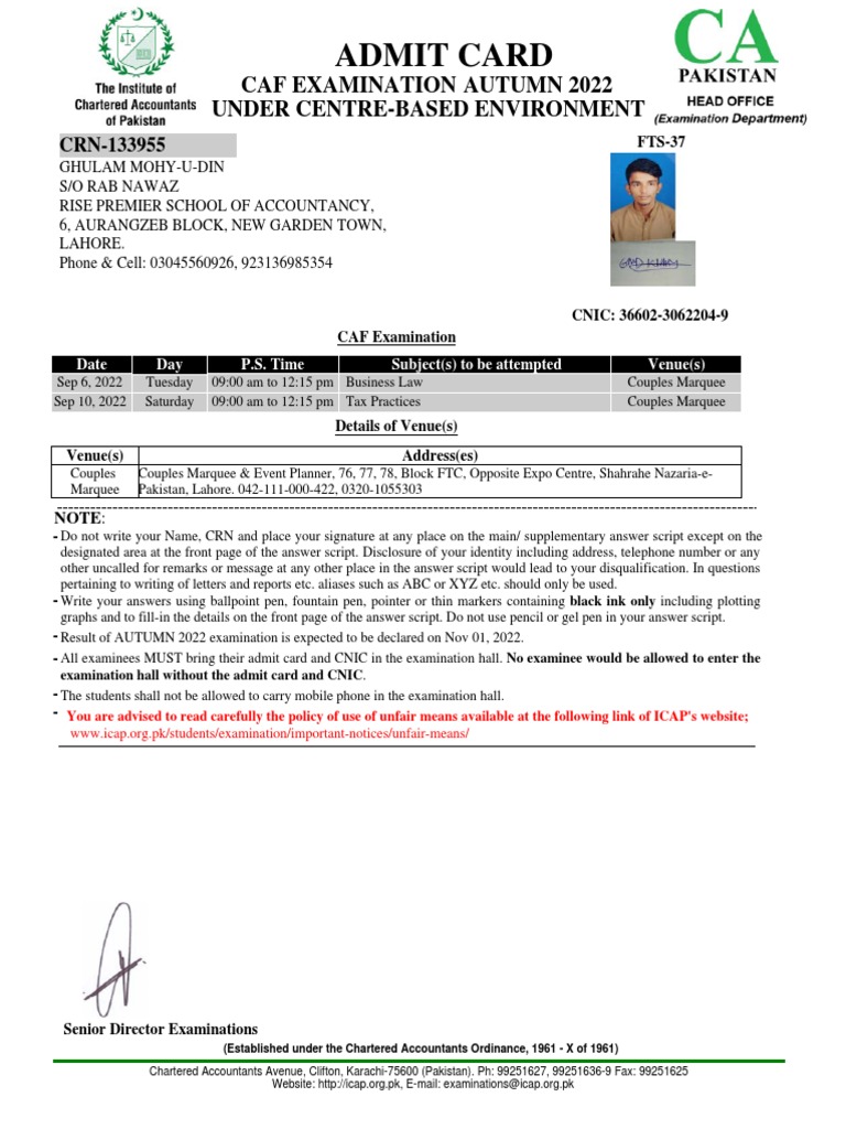 ICAP Admit Card | PDF | Business